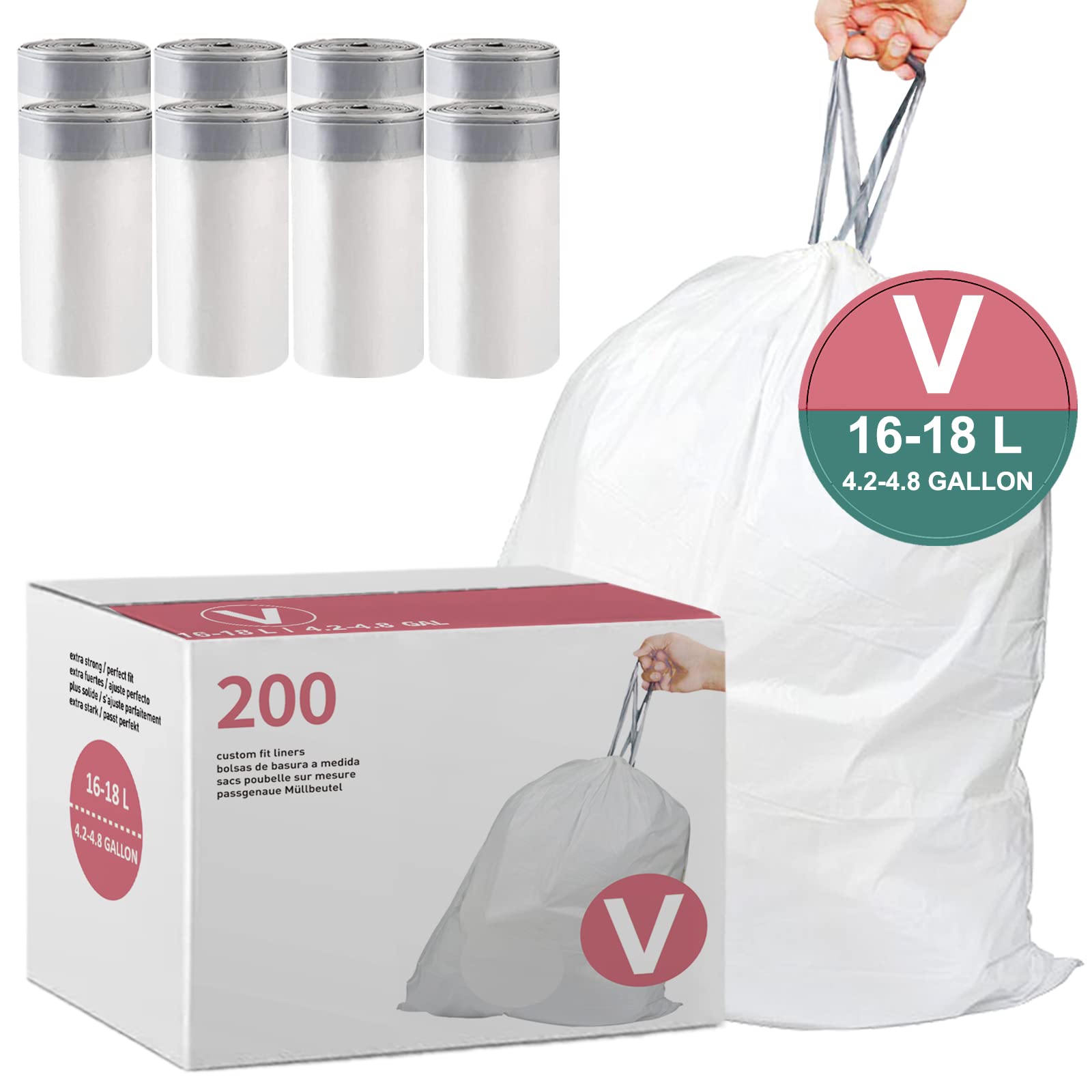 Code V 200 Count Heavy Duty Drawstring Trash Bags THICK White Garbage Can Liners 4.2-4.8 Gallon / 16-18 Liter Heavy Duty White Drawstring Garbage Liners
