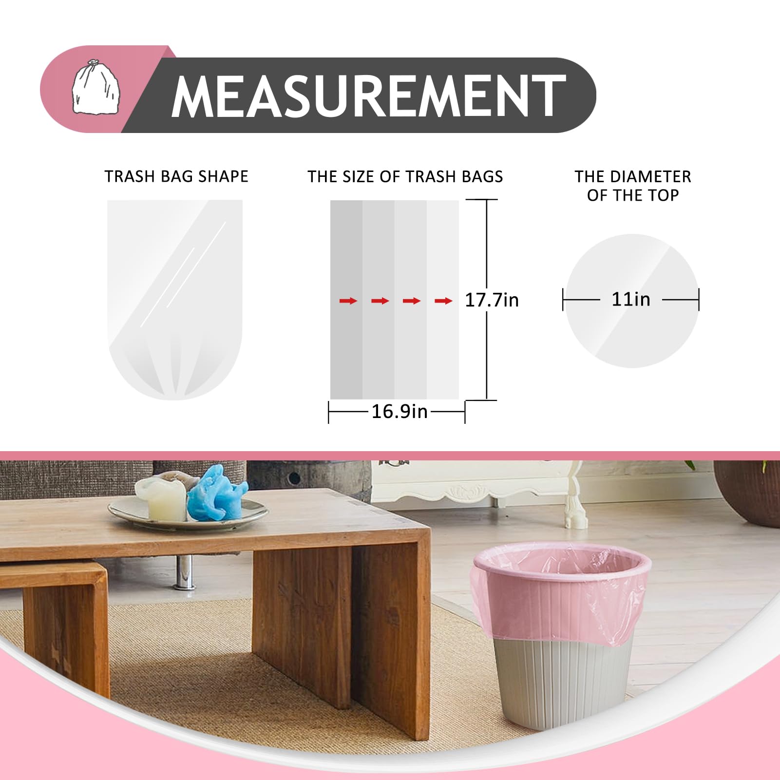 Teivio 2 Gallon 120 Counts Strong Trash Bags Garbage Bags, Bathroom Trash Can Bin Liners, Plastic Bags for home office kitchen, Pink