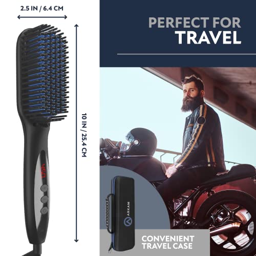 Arkam Beard Straightener for Men -Premium Heated Beard Brush Kit w/ Anti-Scald Feature, Dual Action Hair Comb and Hard Shell Travel Case for Medium to Long Beards - Costume and Grooming Gifts for Men