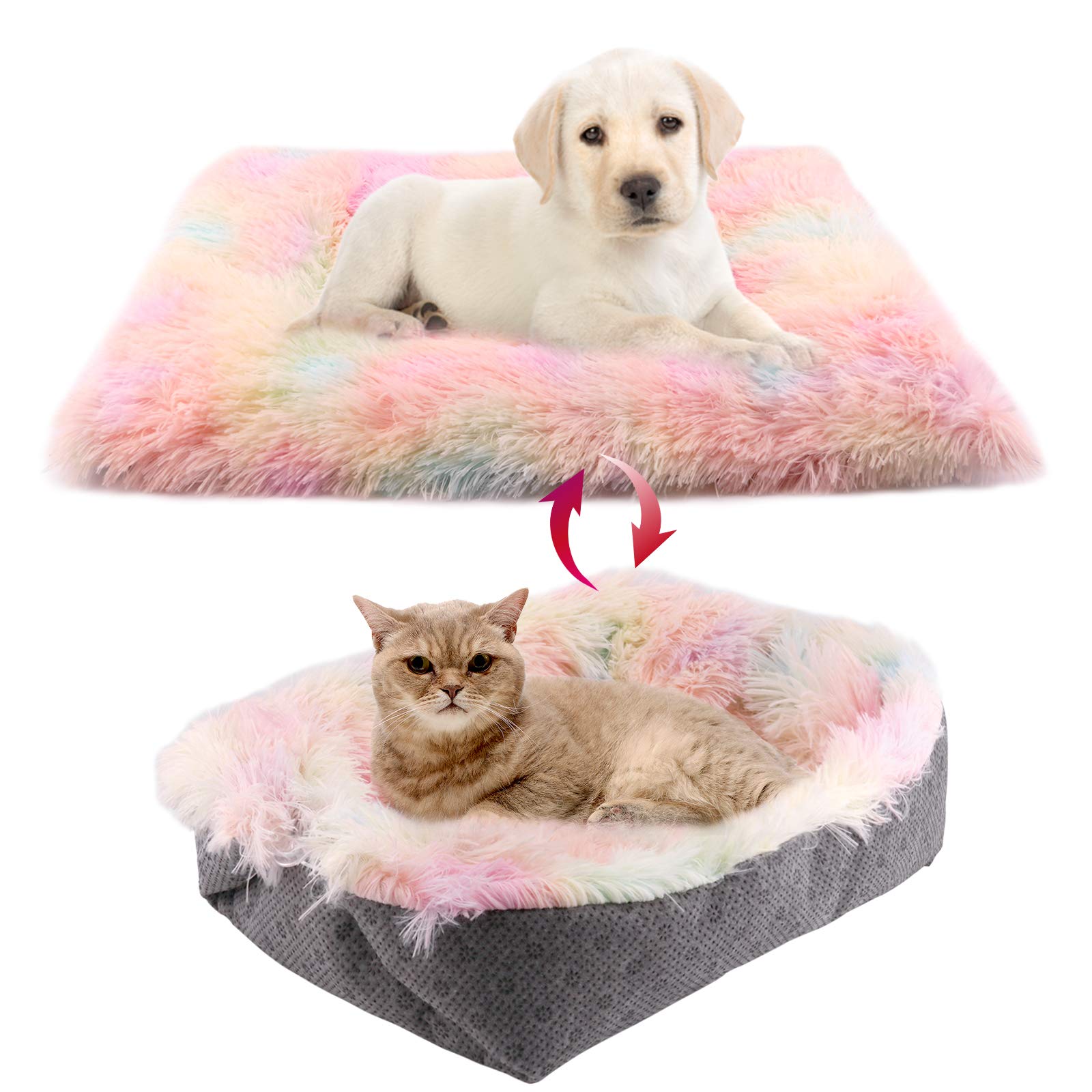 Chintu Rainbow Pet Bed Mat, Washable, Faux Fur, 24 x 20 Inches, for Small Medium Dogs and Cats, 2-in-1 Design