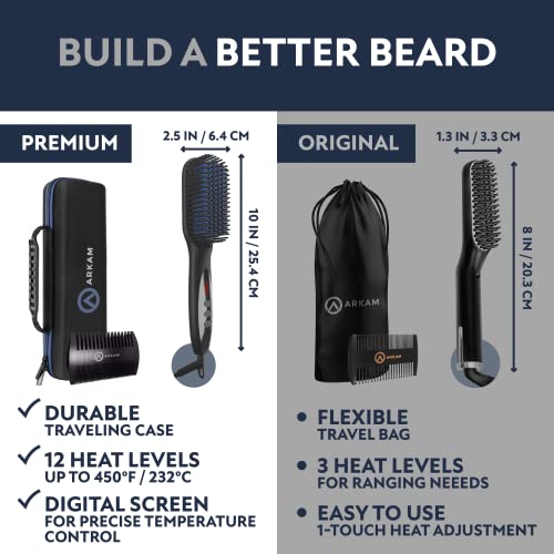 Arkam Beard Straightener for Men -Premium Heated Beard Brush Kit w/ Anti-Scald Feature, Dual Action Hair Comb and Hard Shell Travel Case for Medium to Long Beards - Costume and Grooming Gifts for Men