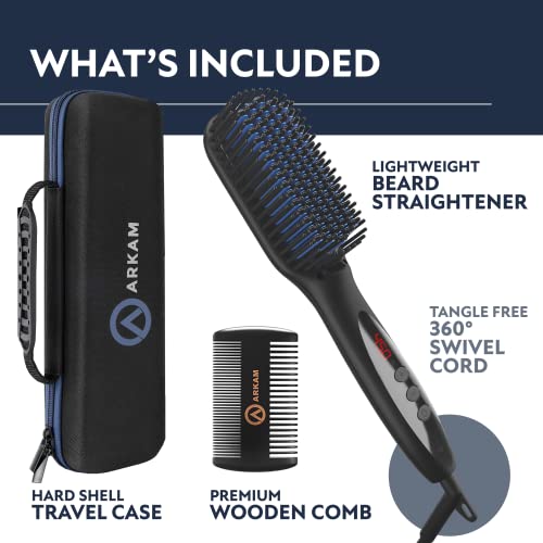 Arkam Beard Straightener for Men -Premium Heated Beard Brush Kit w/ Anti-Scald Feature, Dual Action Hair Comb and Hard Shell Travel Case for Medium to Long Beards - Costume and Grooming Gifts for Men