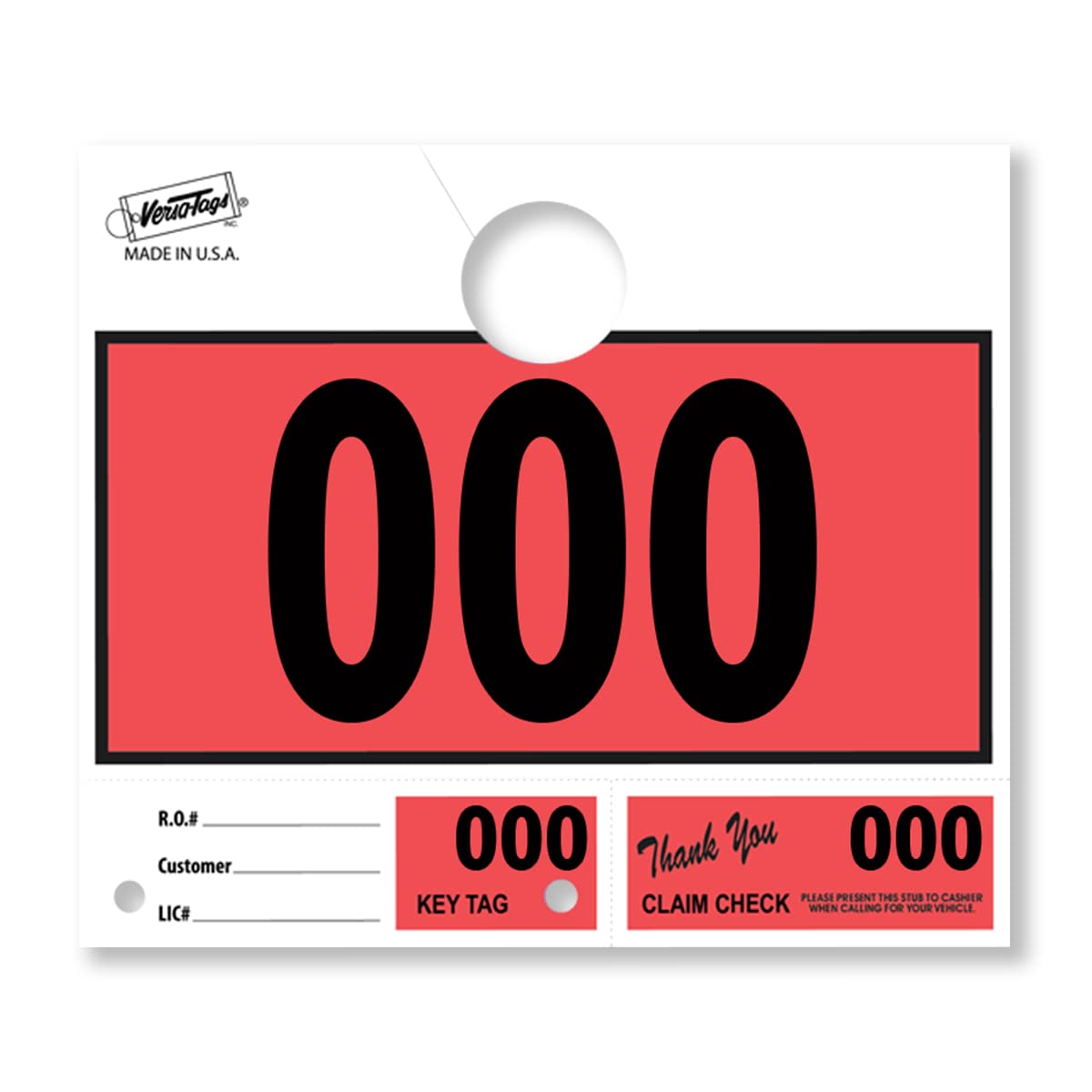 Versa-Tags 1000 Red Car Dealer Service Hang Tags Service Dispatch Numbers, Service Department Numbered Key Tags for Mechanic Repair Shop 3 Part Key Ring - Red (000-999)