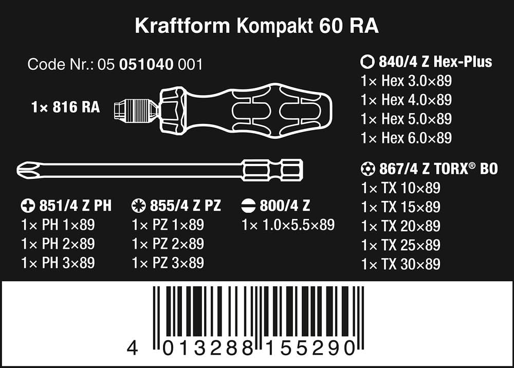 WERA - 5051040001 Kraftform Kompakt 60 Ra Ratchet Screwdriver & Long PZ, Ph, TX, Hex Bits, 051040