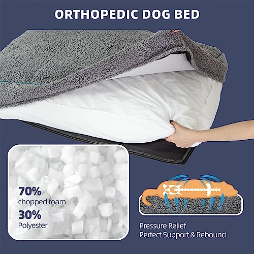 pettycare Washable Beds for Medium and Large Dogs with Waterproof Liner, Shredded Memory Foam Dog Crate Bed with Removable Cover, Fit Up to 65 LBs Orthopedic Pet Mat Pillow, Grey