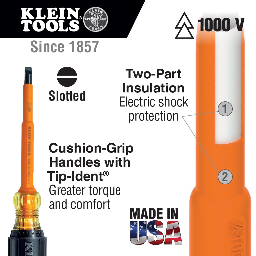 Klein Tools 33532-INS Electrical Insulated Screwdriver Set of 2, Made in USA, 4-Inch Phillips and Cabinet Set, Made in USA