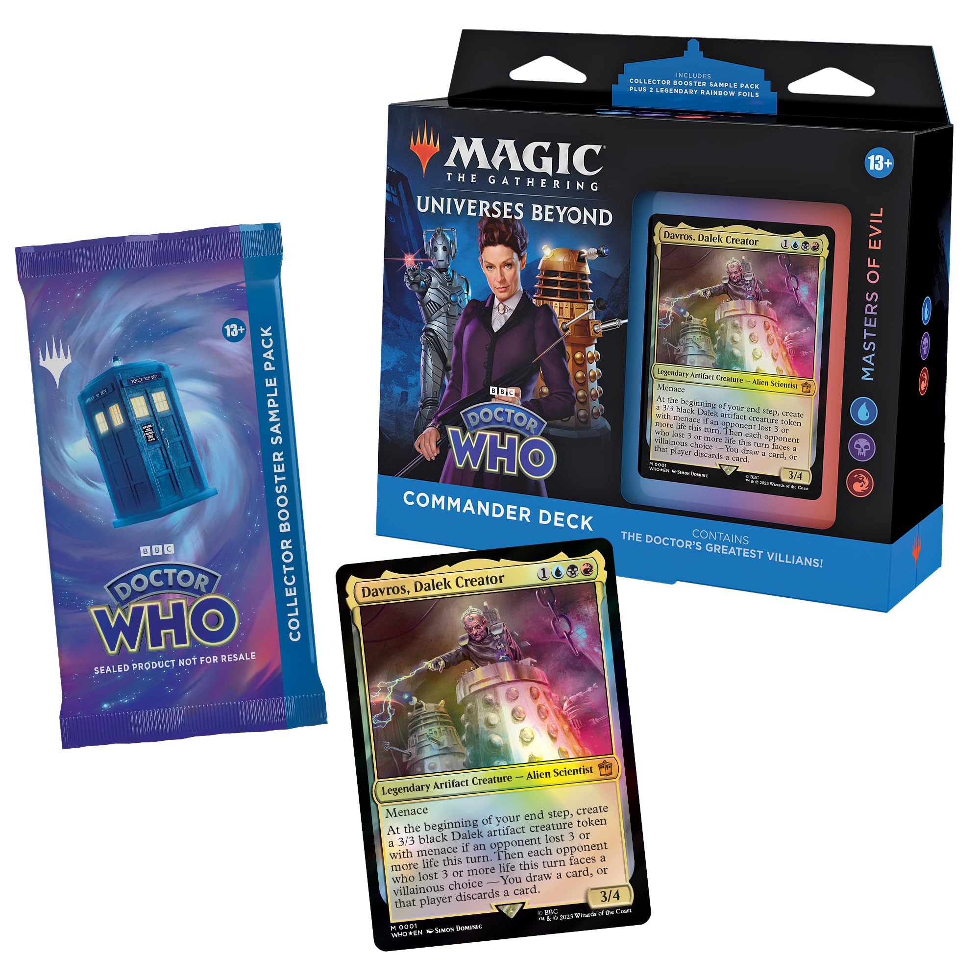 Magic: The Gathering Doctor Who Commander Deck - Masters of Evil (100-Card Deck, 2-Card Collector Booster Sample Pack + Accessories)