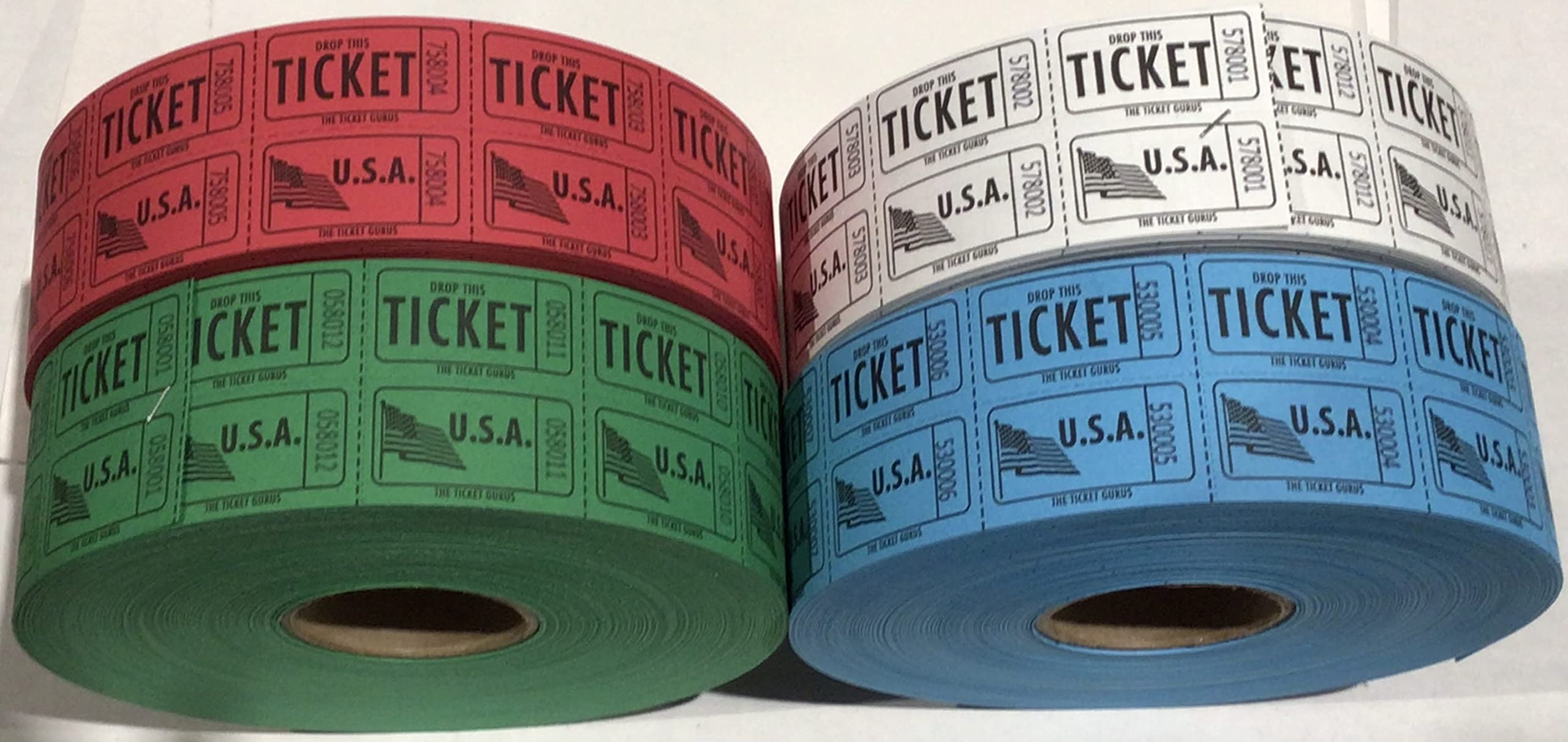 The Ticket Gurus-Raffle Tickets - (4 Rolls of 2000 Double Tickets) 8,000 Total 50/50 Raffle Tickets USA Flag Design (RED/White/Blue/Green)