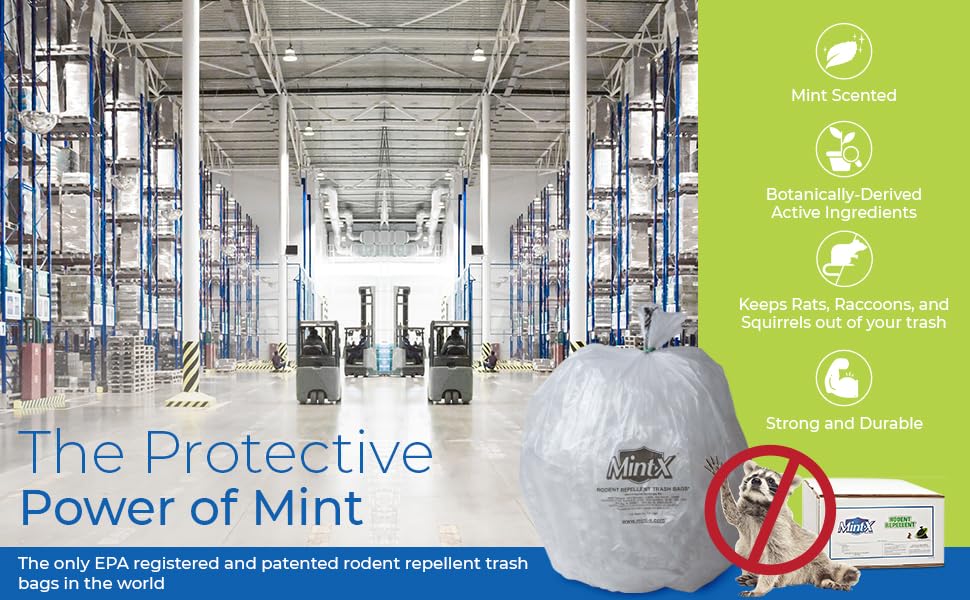 Mint-X Rodent Repellent Trash Bags, 1.3 Mil, Flat Seal, 46" Height x 40" Length, Clear (Pack of 100),MX4046XHC