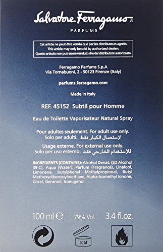 Salvatore Ferragamo Subtil Eau de Toilette Spray for Men, 3.4 Ounce