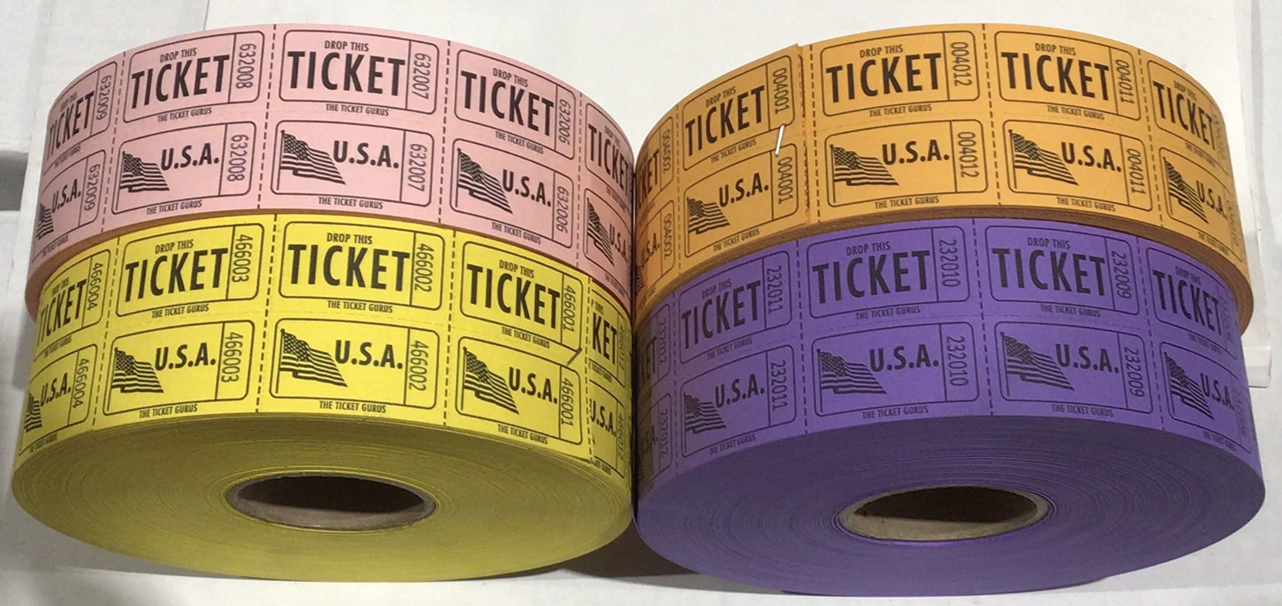 The Ticket Guru-Raffle Tickets - (4 Rolls of 2000 Double Tickets) 8,000 Total 50/50 Raffle Tickets "USA Flag" Design (Yellow/Pink/Orange/Magenta)