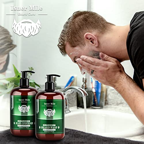 Beard Wash and Conditioner Kit (17oz) Natural Mint Beard Shampoo Conditioner Kit, Fathers Gifts for Dad Him Men, Beard Shampoo Set w/Beard Oil Conditioner Cleanse Smooth Soften Strengthen