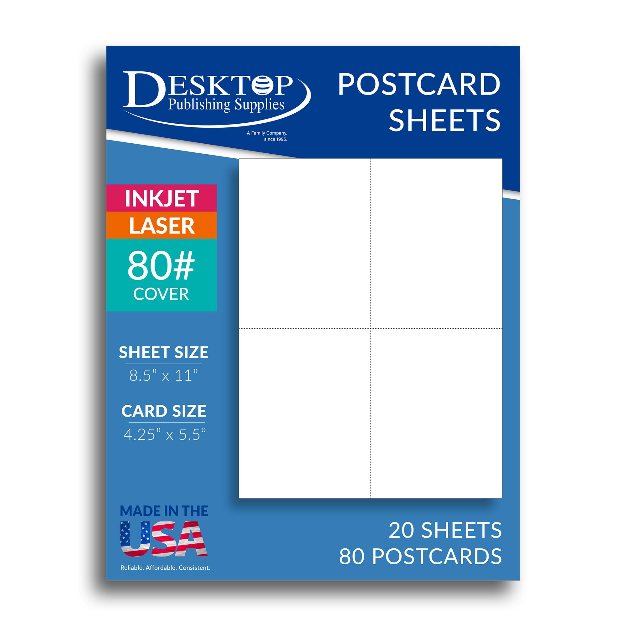 Heavyweight Blank Postcard Paper for Printing - 20 Sheets / 80 Postcards - White - Perforated 4 per sheet - Thick 80lb Cover Cardstock - Inkjet/Laser Printable