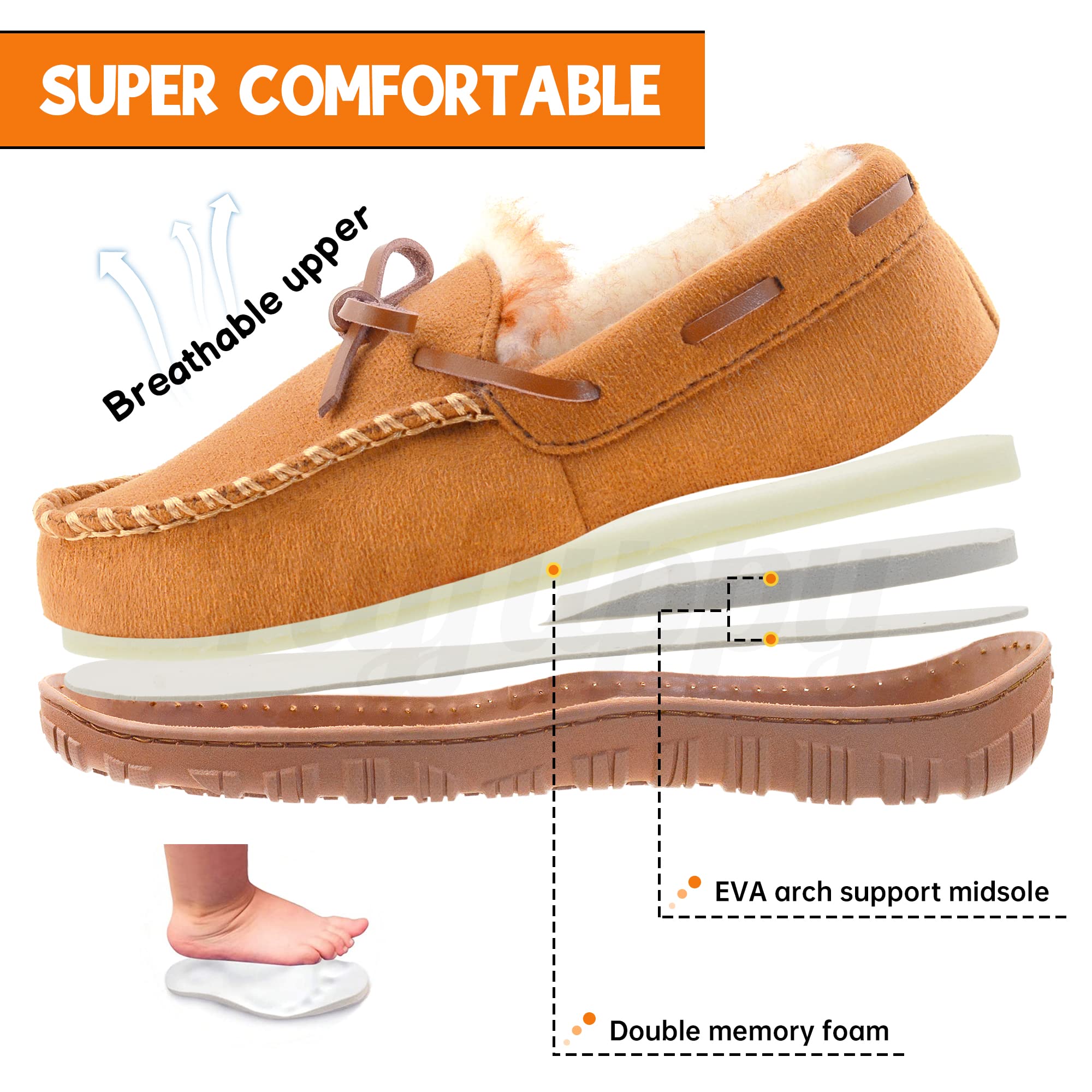 House Moccasins Slippers for Boys with Memory Foam Nonslip Rubber Sole Indoor Outdoor Shoes - Beige Big Kid 1