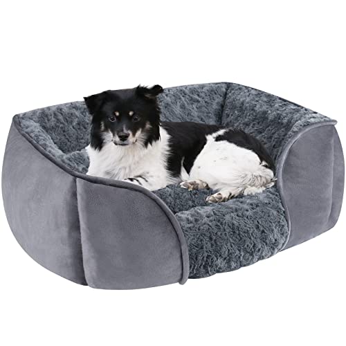 YAEM Dog Beds for Medium Dogs, Swirl Rose Velvet Calming Dog Beds Cat Beds, Anti Anxiety Dog Sofa Bed, Machine Washable Aiti-Slip Pet Beds with Removable Cushion, Dark Greye - M (25"x21"x8")