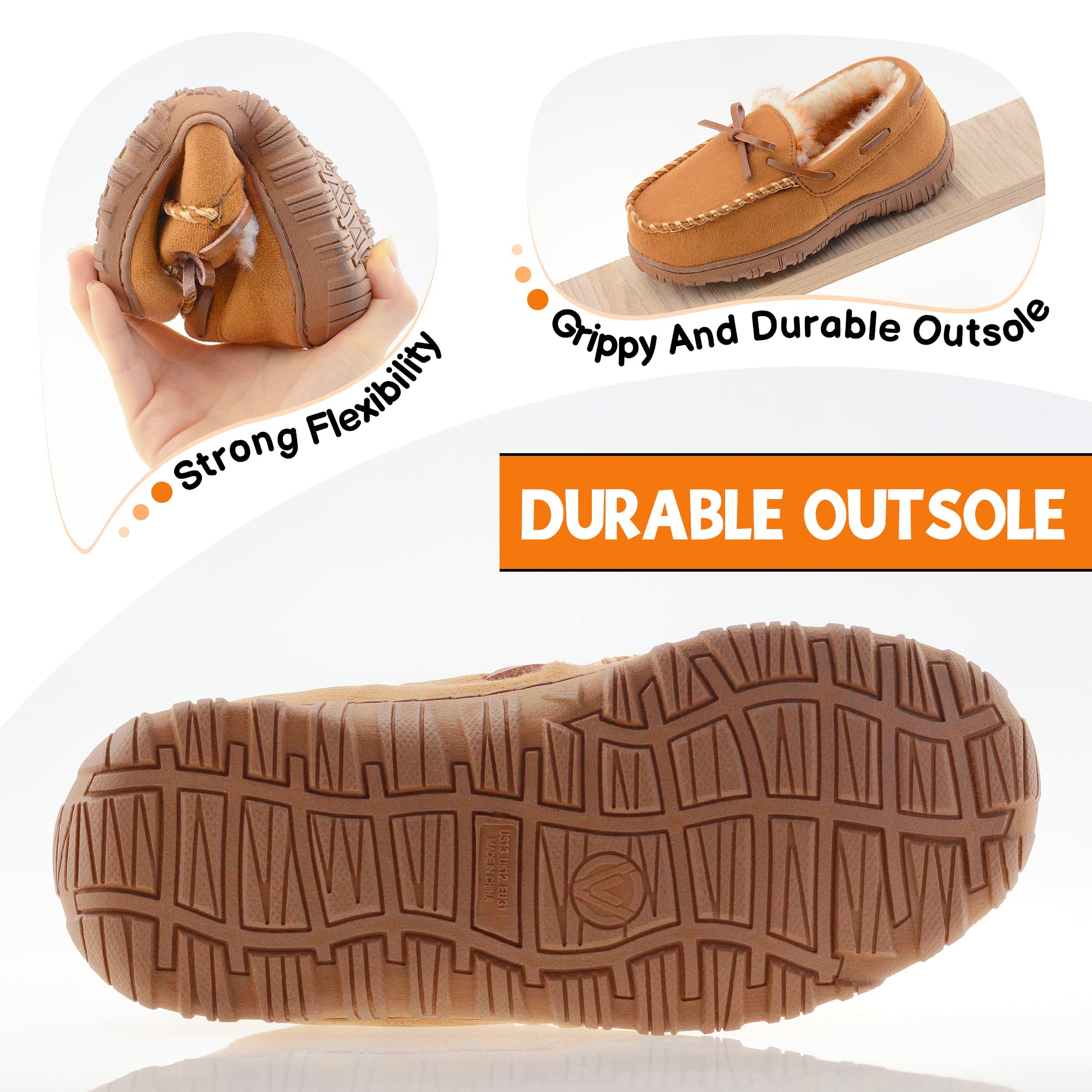 House Moccasins Slippers for Boys with Memory Foam Nonslip Rubber Sole Indoor Outdoor Shoes - Beige Big Kid 1