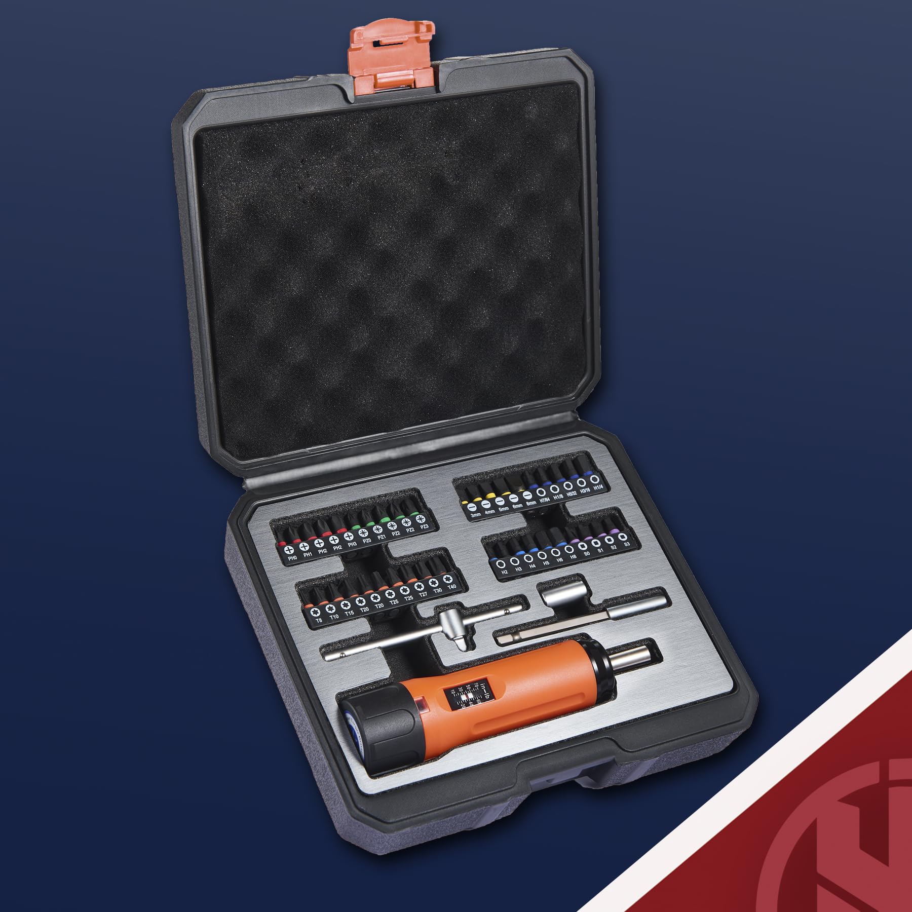 KNINE OUTDOORS Torque Screwdriver Wrench Driver Set 10-70 Inch Pounds lbs for Maintenance with T-bar Handle, 40 Hex Bits, 1/4" Socket, Shaft Extension, For Tools, Bike Repairing and Mounting (Orange)