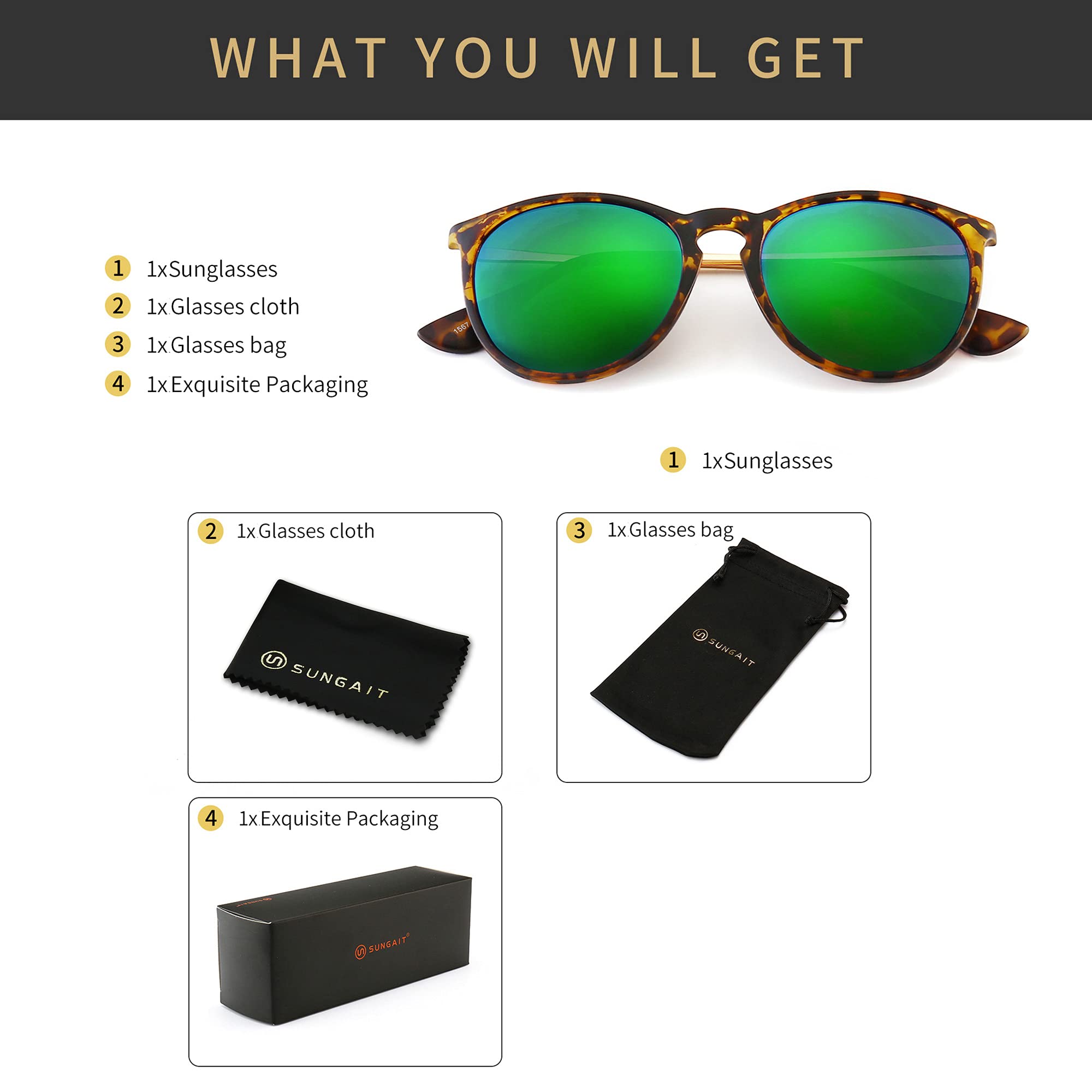 SUNGAIT Vintage Round Sunglasses for Women Men Classic Retro Designer Style (Polarized Green Mirror Lens/Amber Frame(Matte Finish)) 1567 PGHPKLV