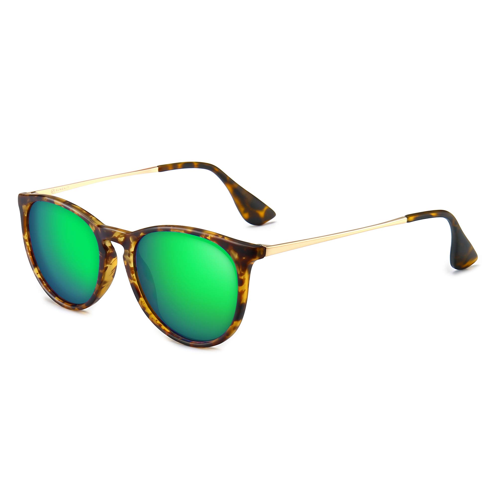 SUNGAIT Vintage Round Sunglasses for Women Men Classic Retro Designer Style (Polarized Green Mirror Lens/Amber Frame(Matte Finish)) 1567 PGHPKLV