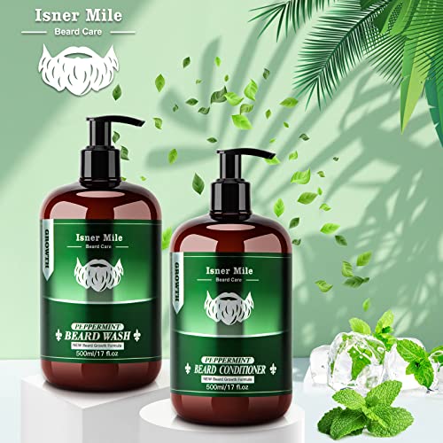 Beard Wash and Conditioner Kit (17oz) Natural Mint Beard Shampoo Conditioner Kit, Fathers Gifts for Dad Him Men, Beard Shampoo Set w/Beard Oil Conditioner Cleanse Smooth Soften Strengthen