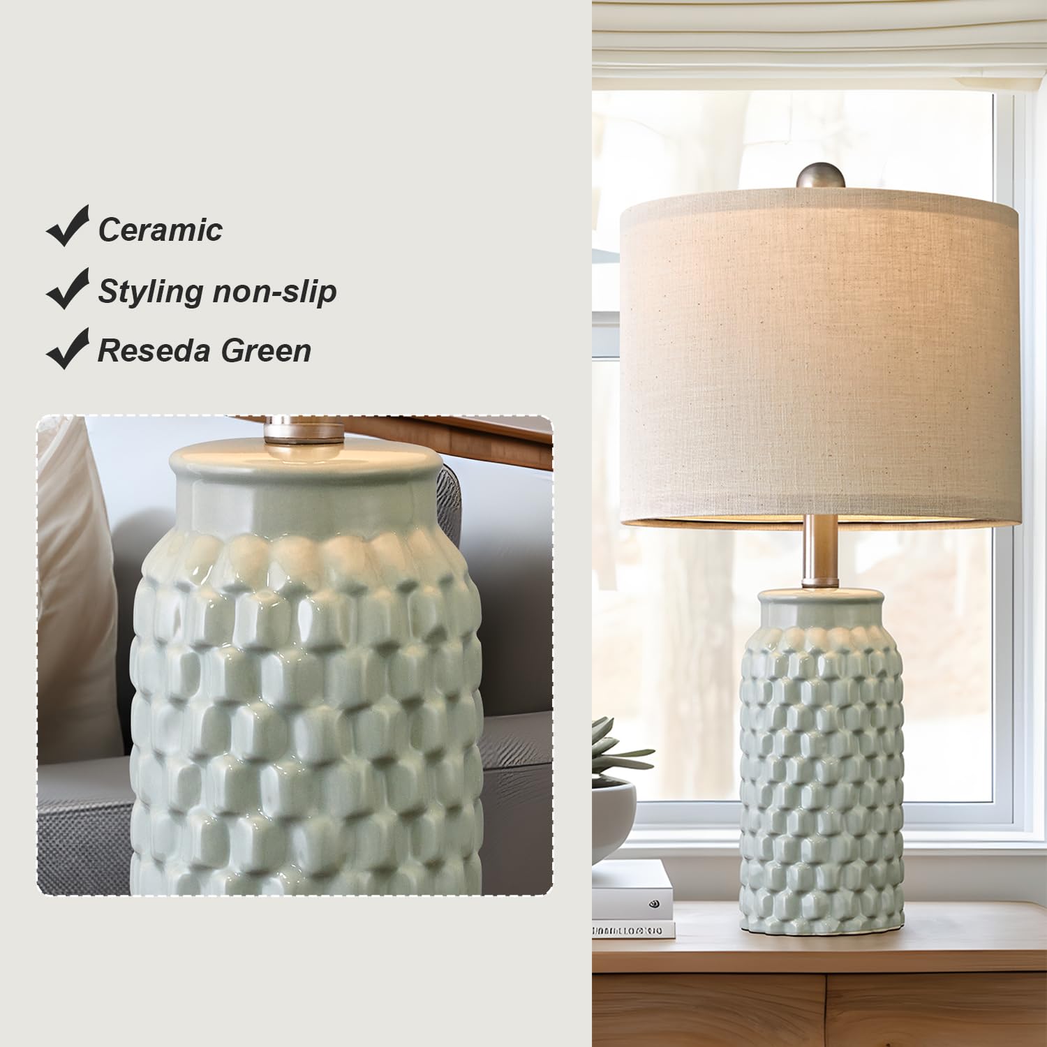 USumkky 20.5 inches Modern Ceramic Green Bedside Lamp Set of 2 for Bedroom Decor Farmhouse Table Lamp for Living Room Office Dorm