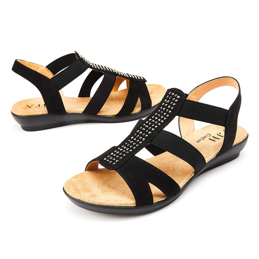 VJH confort Women's Flat Sandals with Rhinestone Open Toe Elastic Slip On Slingback Comfort Casual Walking Sandals(BLACK 10)