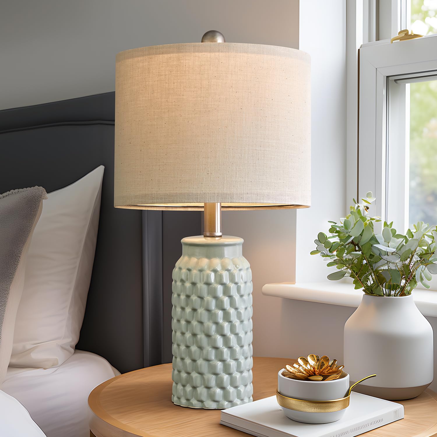 USumkky 20.5 inches Modern Ceramic Green Bedside Lamp Set of 2 for Bedroom Decor Farmhouse Table Lamp for Living Room Office Dorm