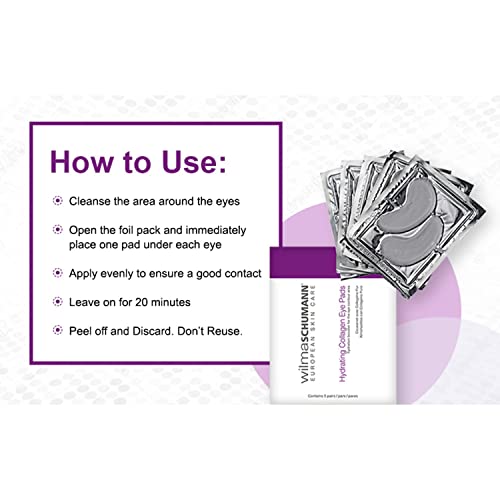 WILMA SCHUMANN Hydrating Collagen Eye Pads - 100% Pure & Natural Collagen Moisturizing Masks will Visibly Reduce Puffy Eyes, Fine Lines, Dark Circles and Wrinkles (Pack of 5 Pairs)