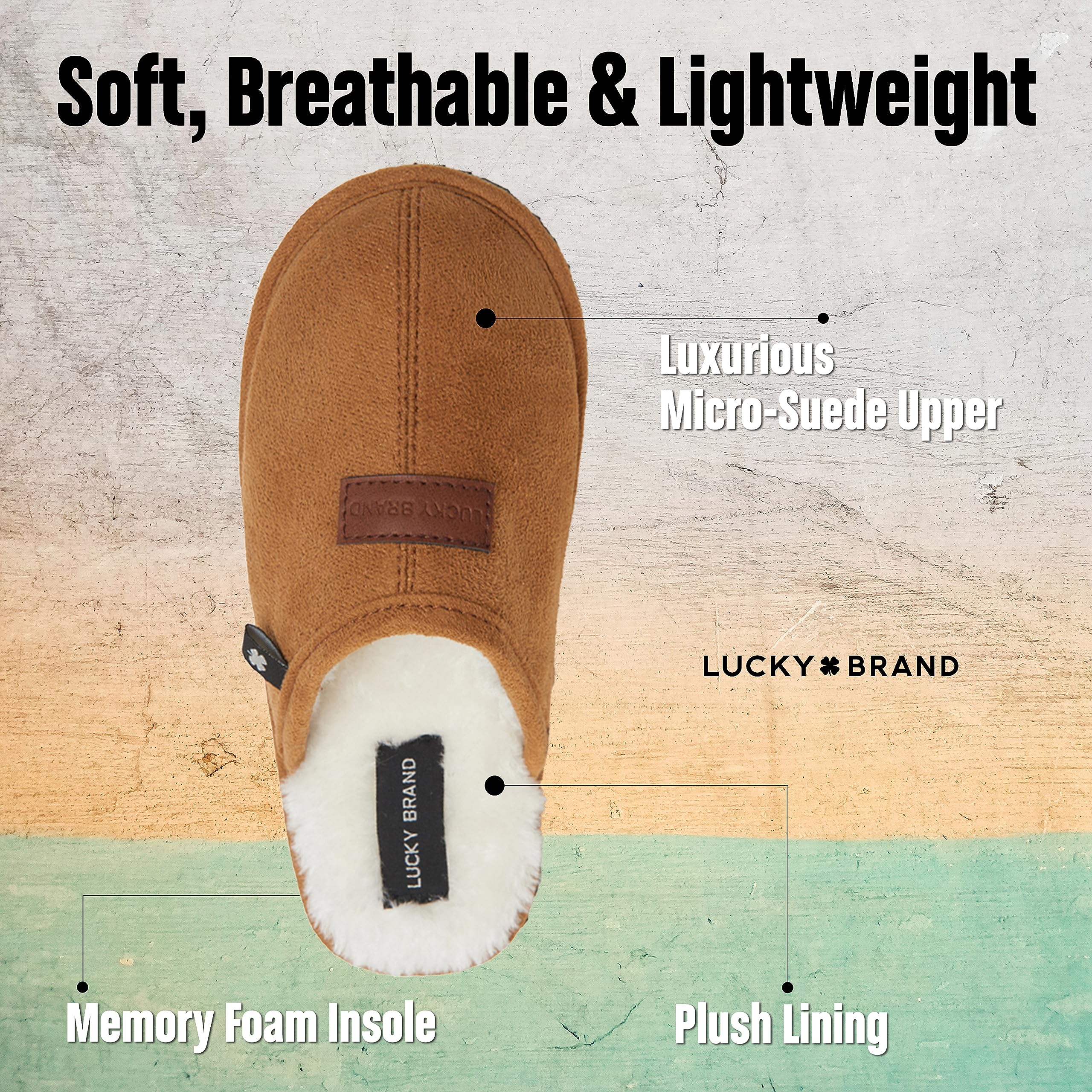 Lucky Brand Micro-Suede Memory Foam Boys Slippers - Closed Toe Plush Lined House Shoes/Kids Slippers, Tan/6 Big Kid
