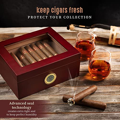 Mantello Humidor Cigar Box, Royal Glass-Top Cigar Humidors- Gifts for Men - Cigar Humidor Box for 25-50 Cigars with Digital Hygrometer & Divider - Spanish Cedar Wood Interior, Rich Cherry Finish