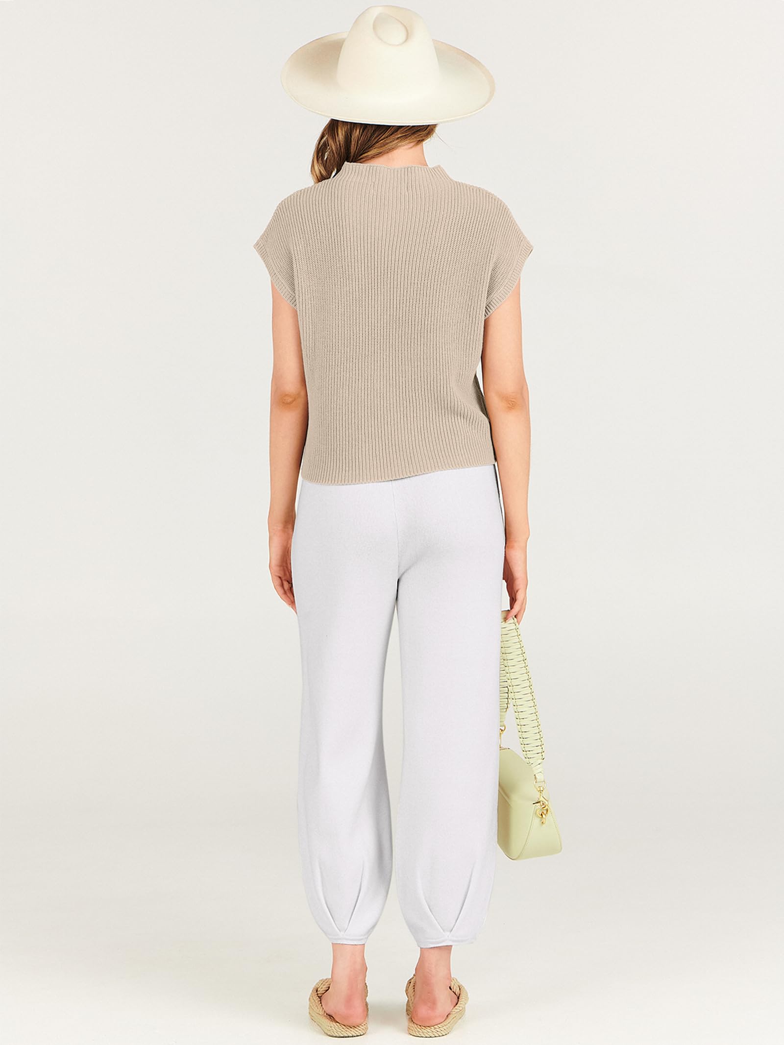 ANRABESS Women's Two Piece Outfits Knit Sweater Vest Crop Top Pants Lounge Matching Tracksuit Sweatsuit Travel Clothes Sets Khaki White Small