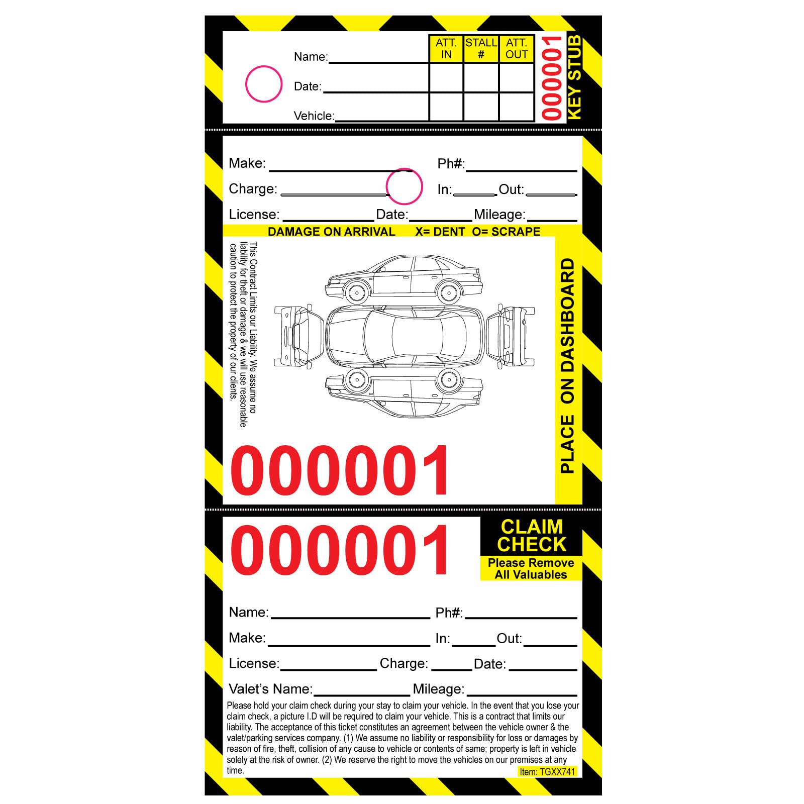 100 Valet Parking Tickets for Cars. 3 Part Vehicle Claim Tag with Car Diagram. Printed in Black & Yellow with Red Numbers on Durable White Card Stock. Perforated Cardstock Key Tag. Parking Pass.