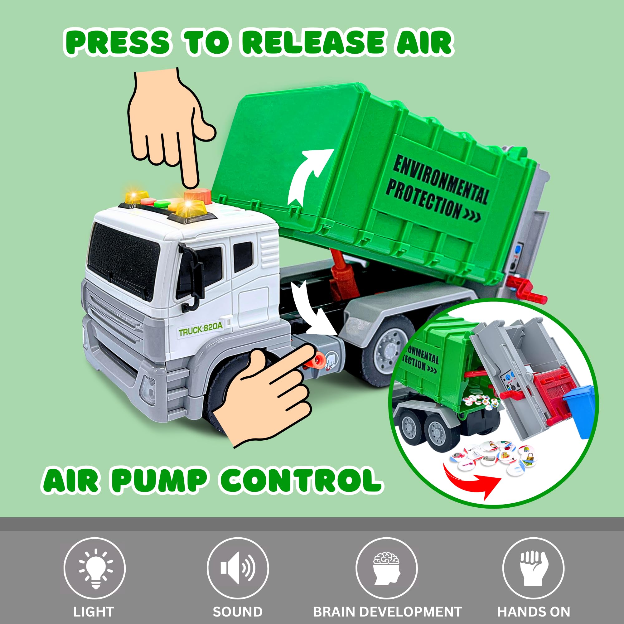 PlenPLAY Garbage Truck Toys 11 in 1 Playset - Realistic Trash Truck with 4 Trash Cans, Lifter Dumping Function, 1 Traffic Light, 4 Set Trash Cards, 1 People Figures - Toys for Boys 3+ Years Old