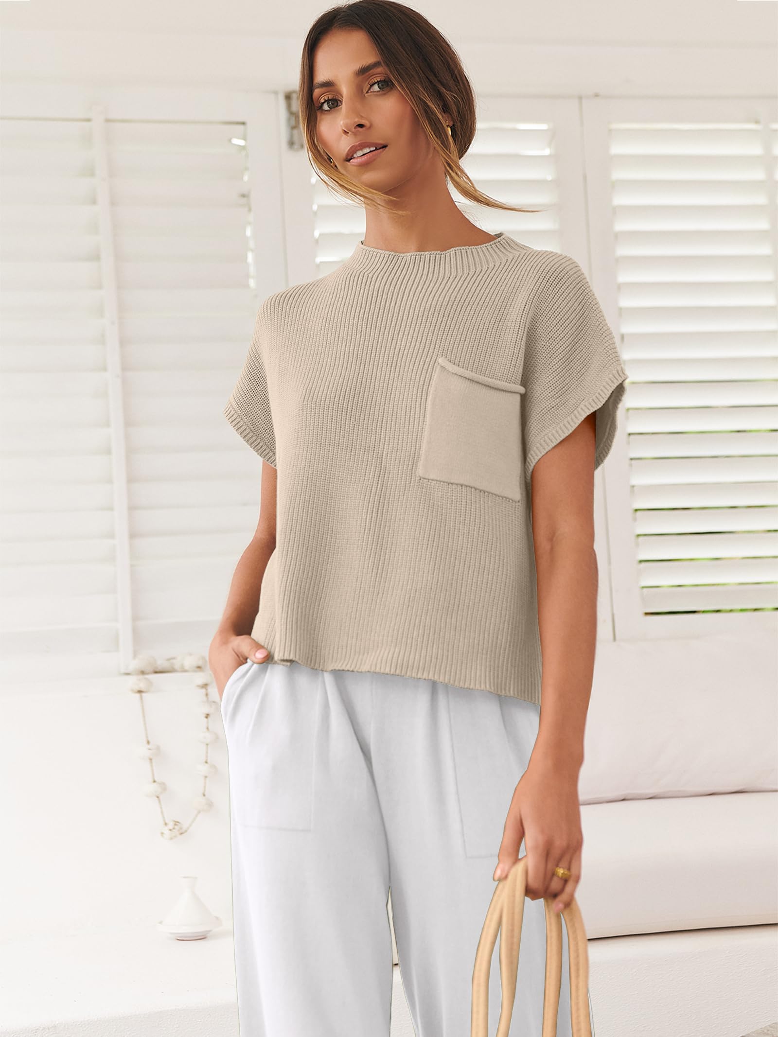 ANRABESS Women's Two Piece Outfits Knit Sweater Vest Crop Top Pants Lounge Matching Tracksuit Sweatsuit Travel Clothes Sets Khaki White Small
