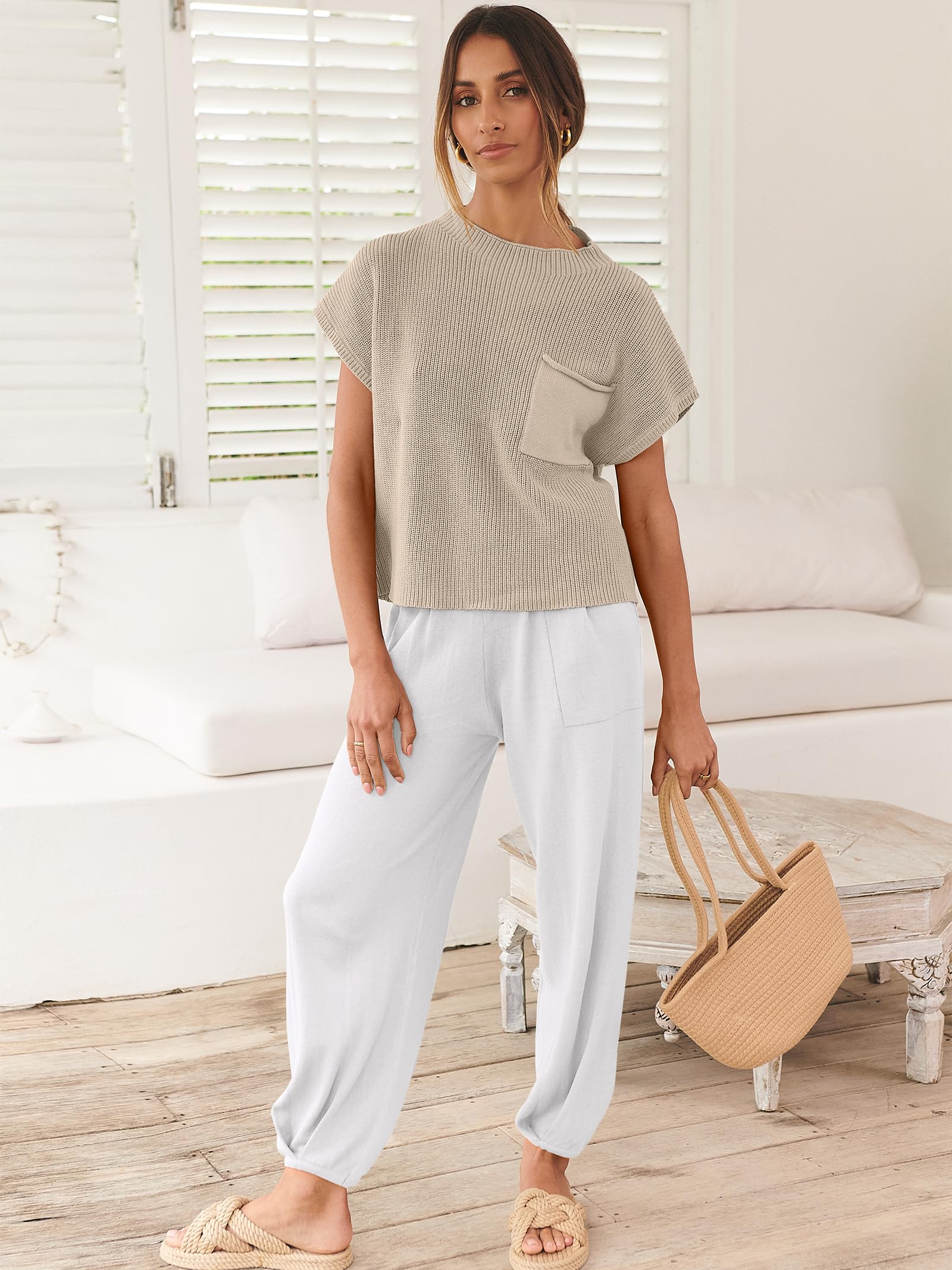ANRABESS Women's Two Piece Outfits Knit Sweater Vest Crop Top Pants Lounge Matching Tracksuit Sweatsuit Travel Clothes Sets Khaki White Small