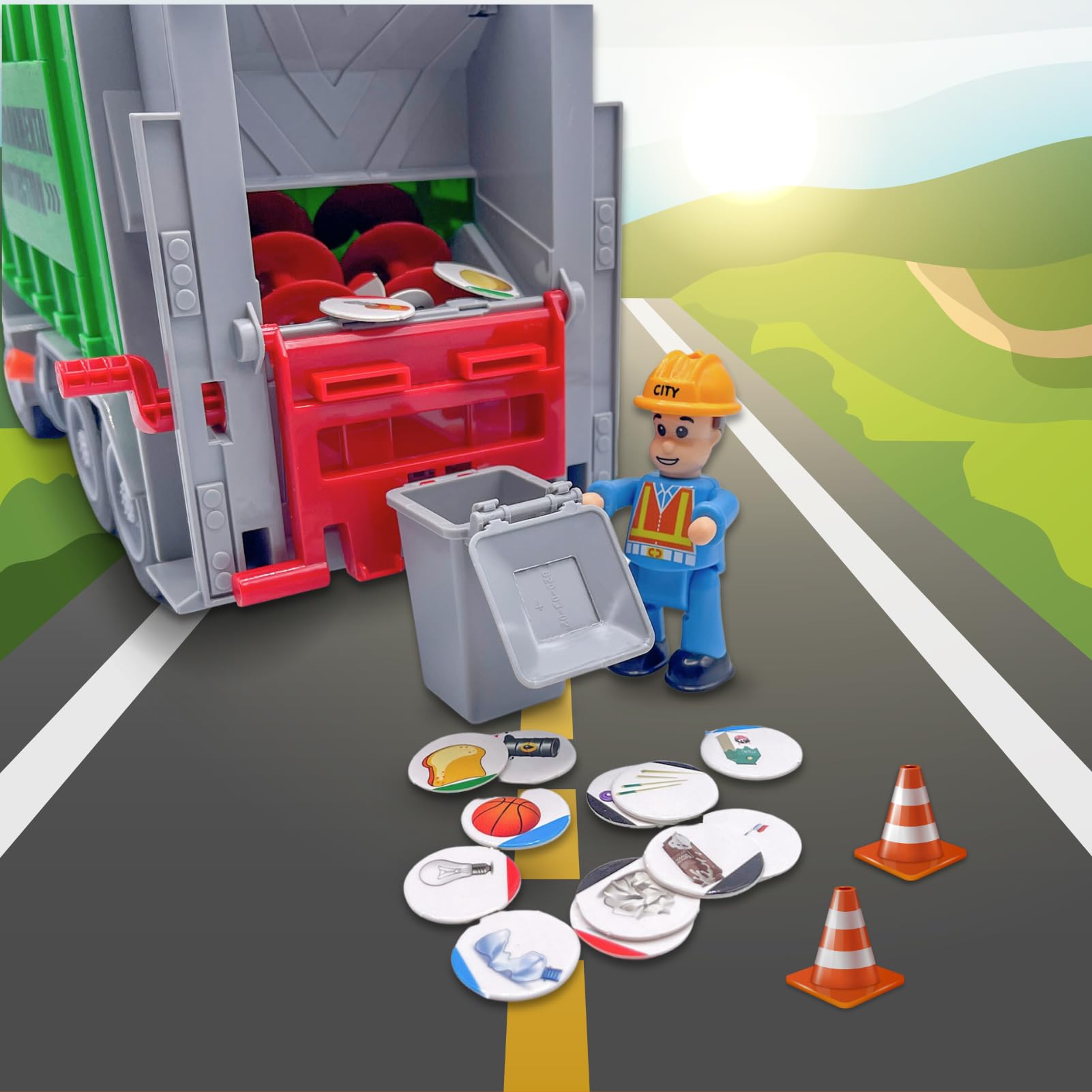 PlenPLAY Garbage Truck Toys 11 in 1 Playset - Realistic Trash Truck with 4 Trash Cans, Lifter Dumping Function, 1 Traffic Light, 4 Set Trash Cards, 1 People Figures - Toys for Boys 3+ Years Old