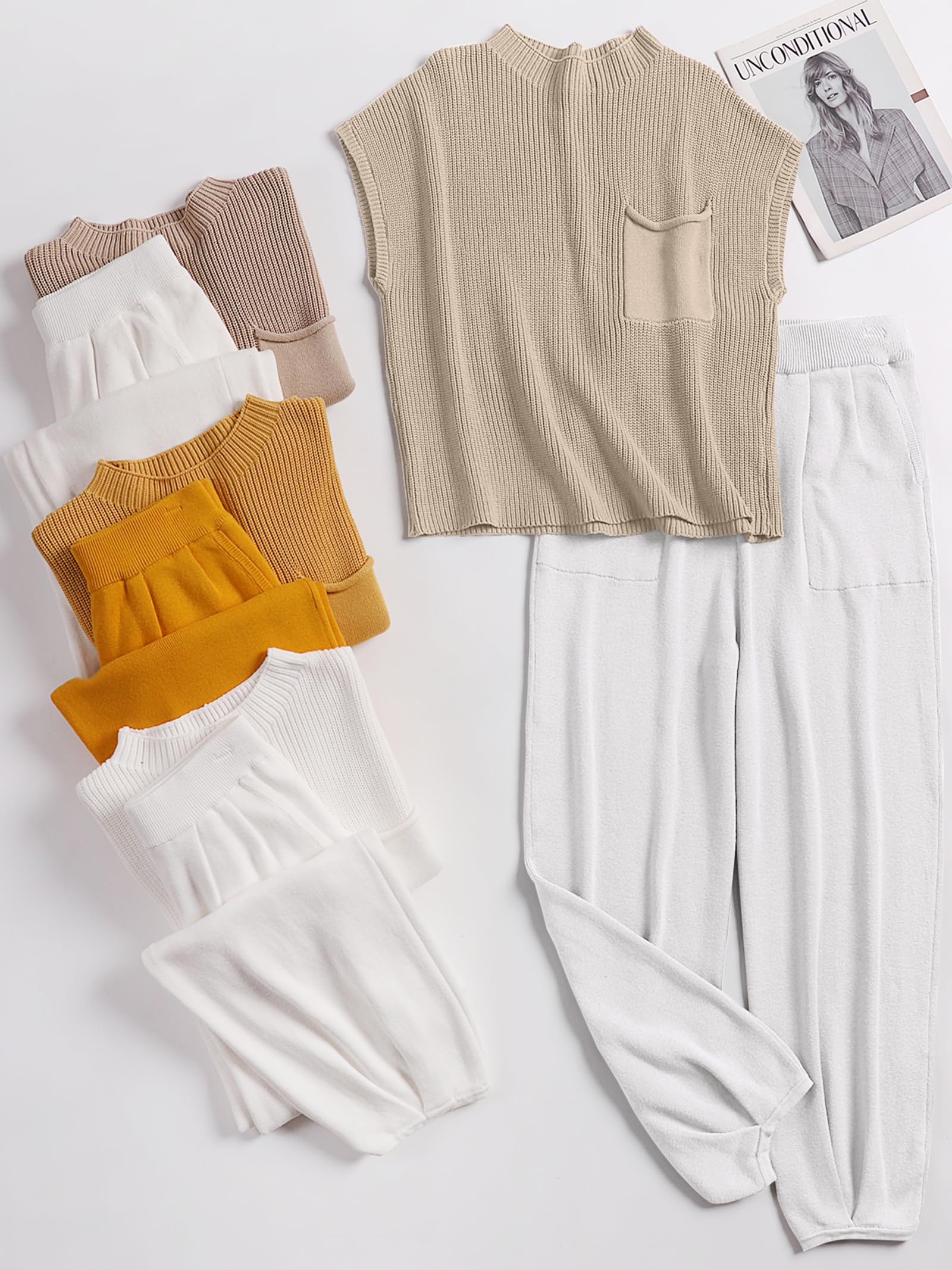 ANRABESS Women's Two Piece Outfits Knit Sweater Vest Crop Top Pants Lounge Matching Tracksuit Sweatsuit Travel Clothes Sets Khaki White Small
