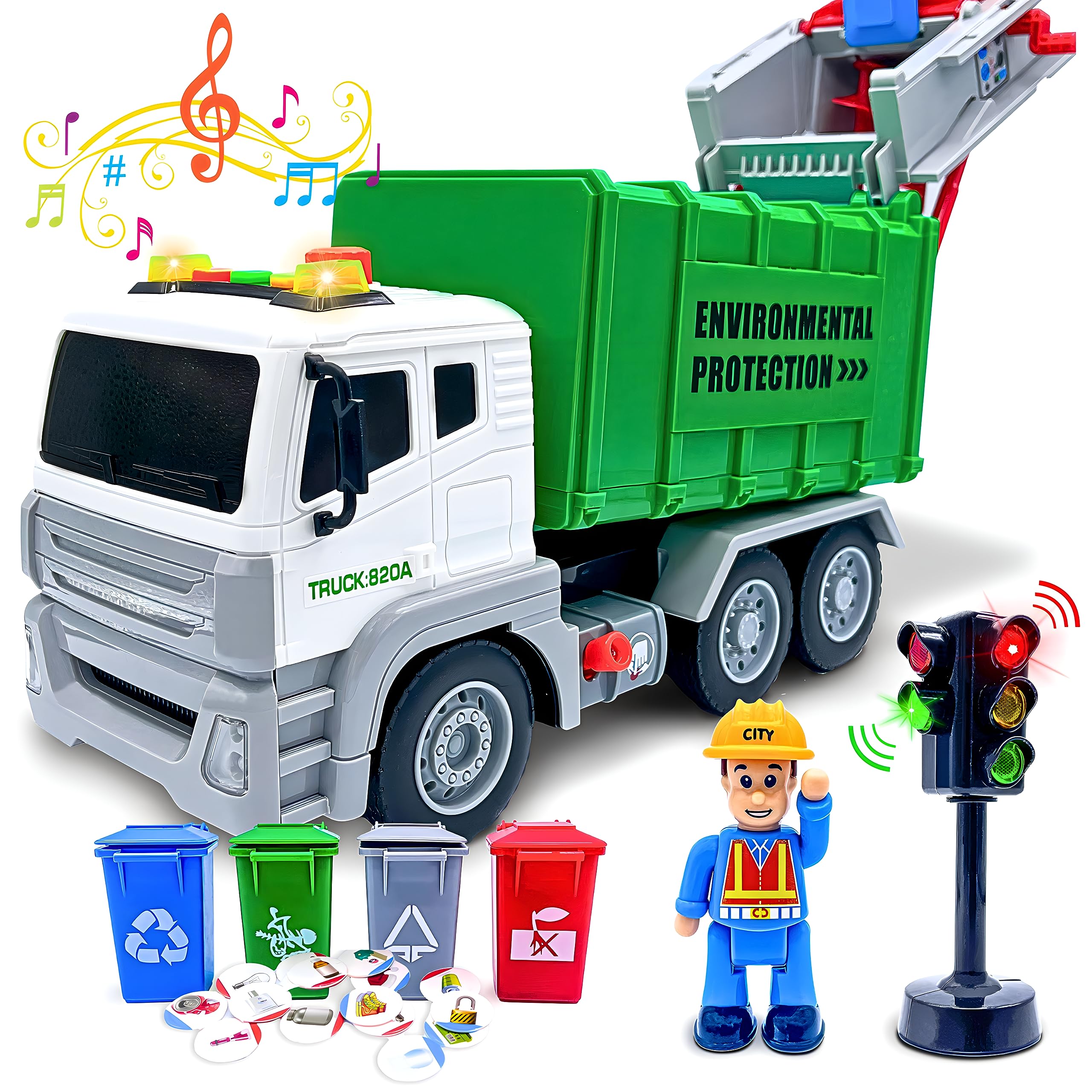 PlenPLAY Garbage Truck Toys 11 in 1 Playset - Realistic Trash Truck with 4 Trash Cans, Lifter Dumping Function, 1 Traffic Light, 4 Set Trash Cards, 1 People Figures - Toys for Boys 3+ Years Old