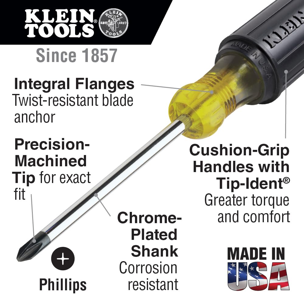 Klein Tools 85742 Screwdriver Set, Made in USA, 3/16 Cabinet and #2 Phillips Precision Machined Tips, Cushion-Grip Handles, Round Shank, 2-Piece