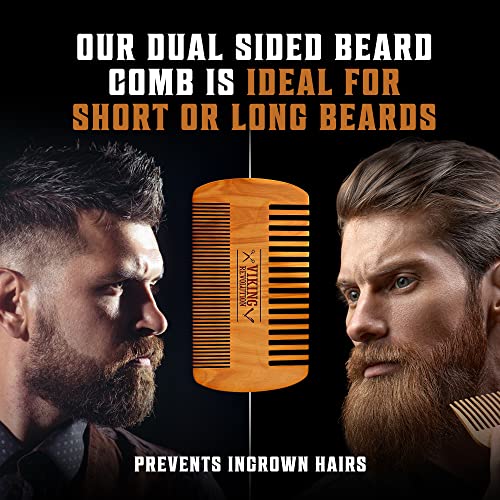 Viking Revolution Beard Comb & Beard Brush Set for Men - Natural Boar Bristle Brush and Dual Action Pear Wood Comb w/Velvet Travel Pouch - Great for Grooming Beards and Mustaches