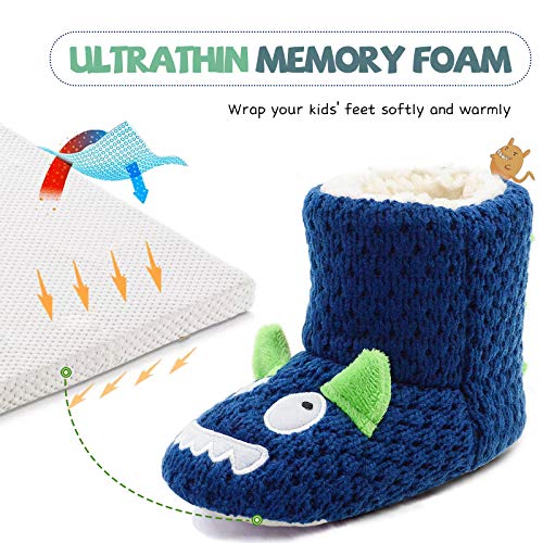 LA PLAGE Boys Girls Blue Monster Bootie Slippers with Cozy Memory Foam Winter Warm Indoor Outdoor House Slippers 1-2 US Navy