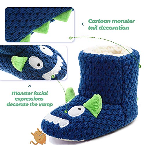 LA PLAGE Boys Girls Blue Monster Bootie Slippers with Cozy Memory Foam Winter Warm Indoor Outdoor House Slippers 1-2 US Navy