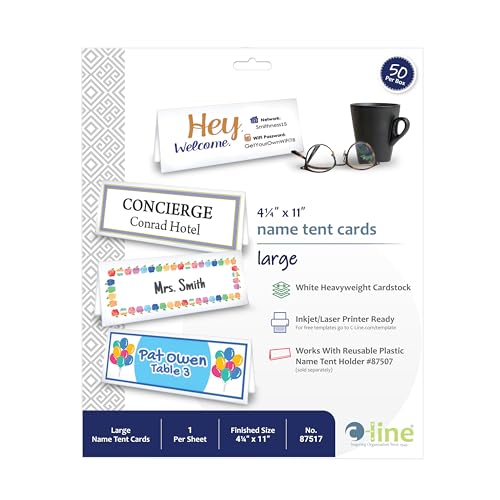 "C-Line Printer-Ready Scored Name Tent Cards, 11 x 4-1/4 Inches (Folded Size), 8-1/2"" x 11"" White Cardstock Sheets, Box of 50 (87517)", large