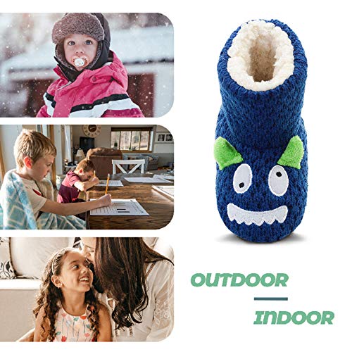 LA PLAGE Boys Girls Blue Monster Bootie Slippers with Cozy Memory Foam Winter Warm Indoor Outdoor House Slippers 1-2 US Navy
