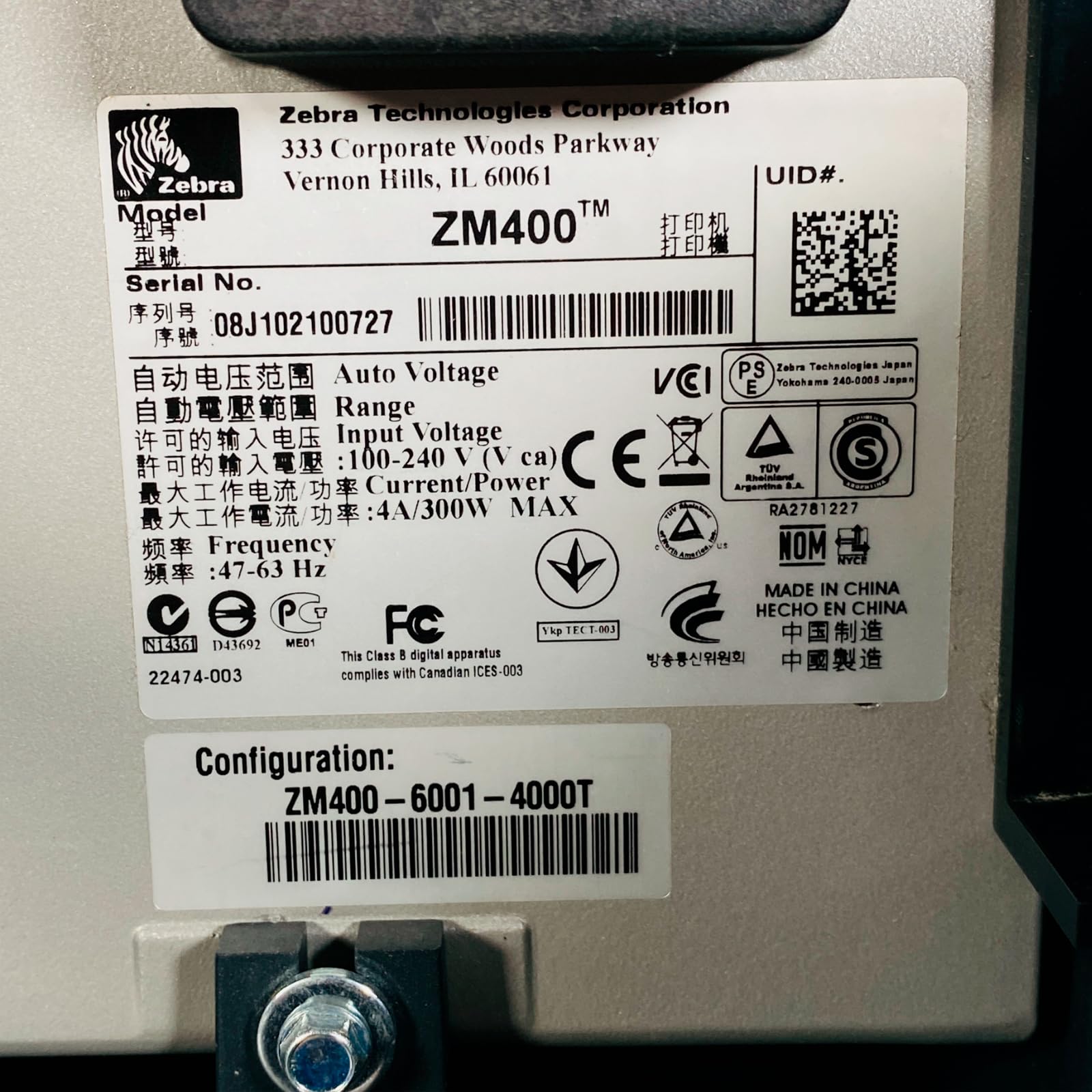 Zebra ZM400 Thermal Transfer Label Printer 600 DPI Peeler Rewinder USB Serial ZM400-6001-4000T, Bundle with Power Cable