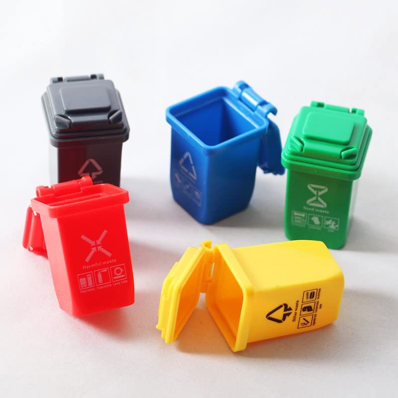 Miniature Dollhouse Trash Can 5PCS Set Garbage Truck's Trash Cans Model Simulation 1:12 Scale Cleaning Supplies Decoration Accessories