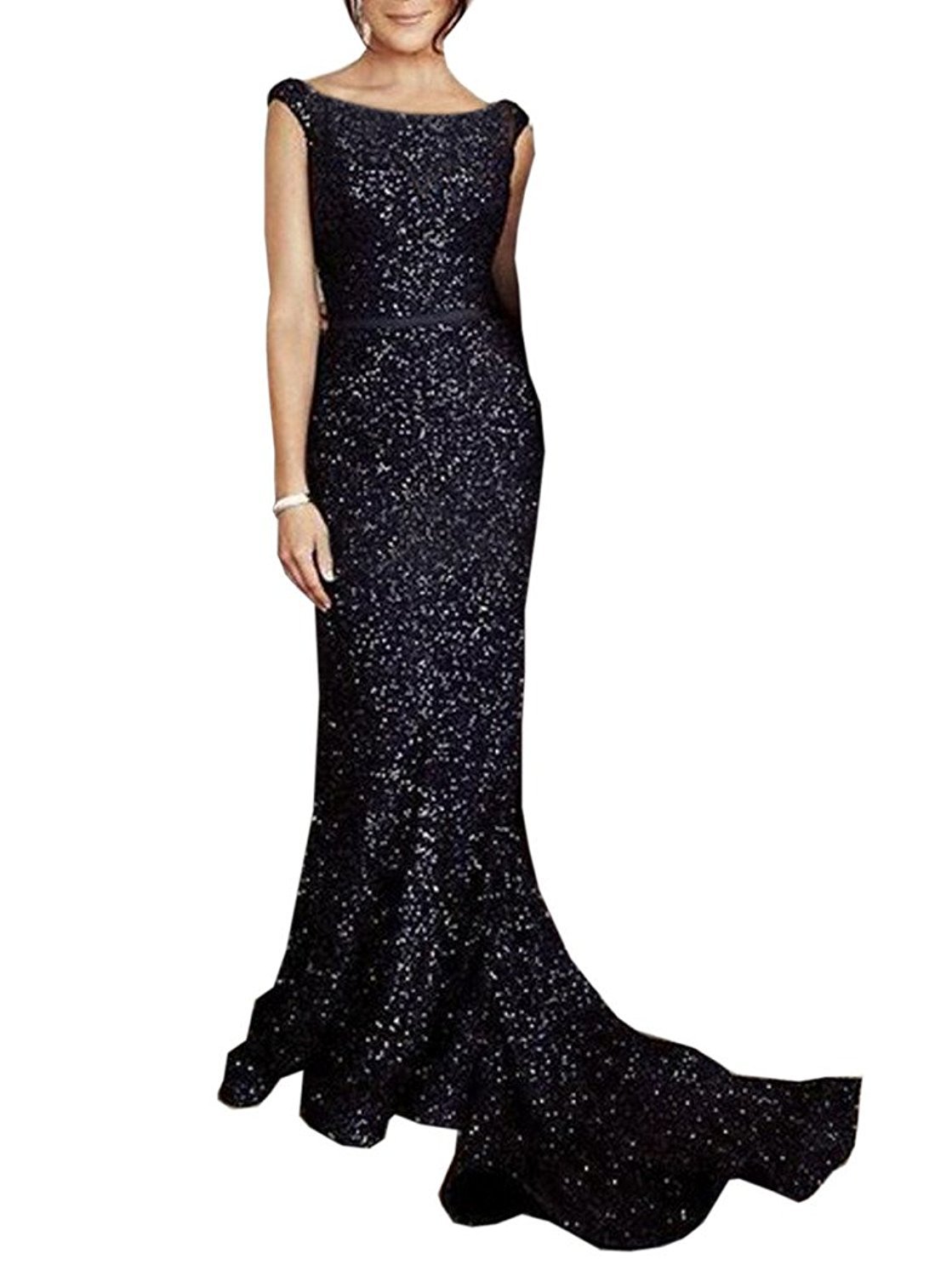 SOLOVEDRESS Women's Mermaid Sequined Formal Evening Dress for Wedding Prom Gown (US 14,Champagne)
