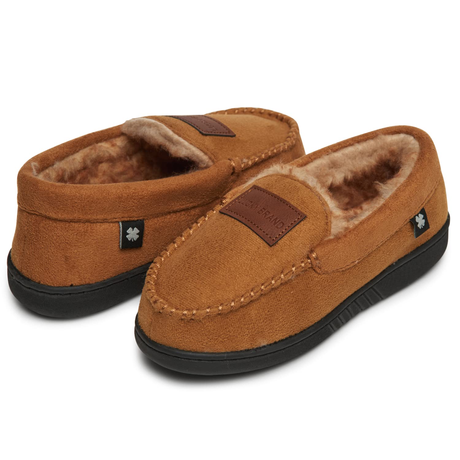 Lucky Brand Boy's Micro Suede Fuzzy Lined Moccasin Slippers for Kids, Tan, Size 2/3
