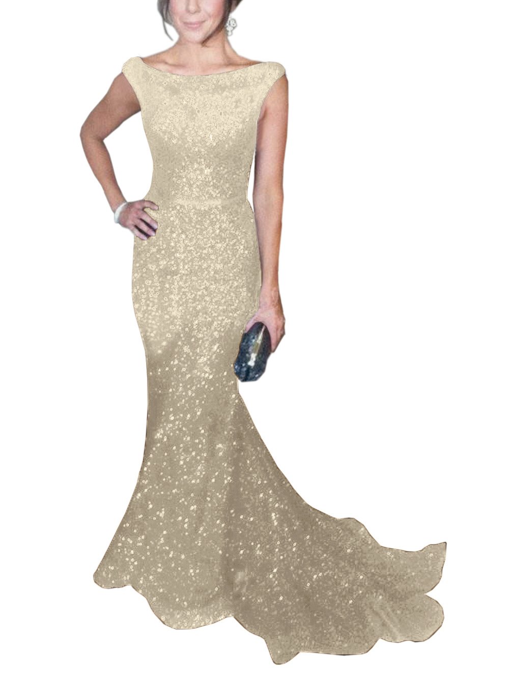 SOLOVEDRESS Women's Mermaid Sequined Formal Evening Dress for Wedding Prom Gown (US 14,Champagne)
