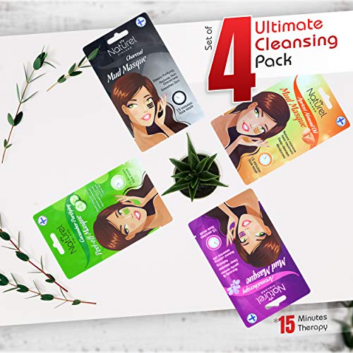 Naturel Finland Facial Mud Mask Set of 4 - Exfoliating, Deep Cleansing, Clarifying, Pore Minimizer, Hydrating, Aromatherapy, Cucumber, Dead Sea, Charcoal Face Peel